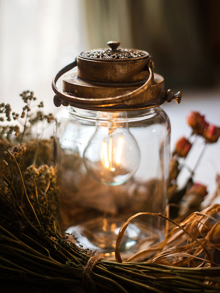 Vintage Jar Light with LED Bulb - Rustic and Romantic Lamp with Glass ...